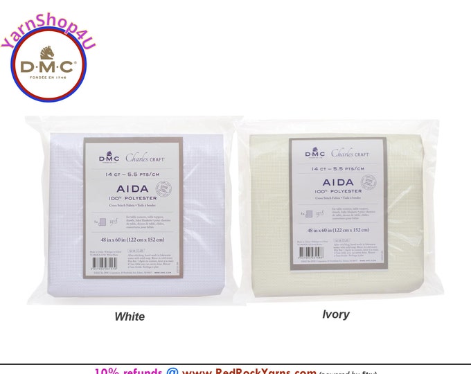 DMC 14 Count Aida Cross Stitch Fabric in IVORY or WHITE. 100% Polyester ...