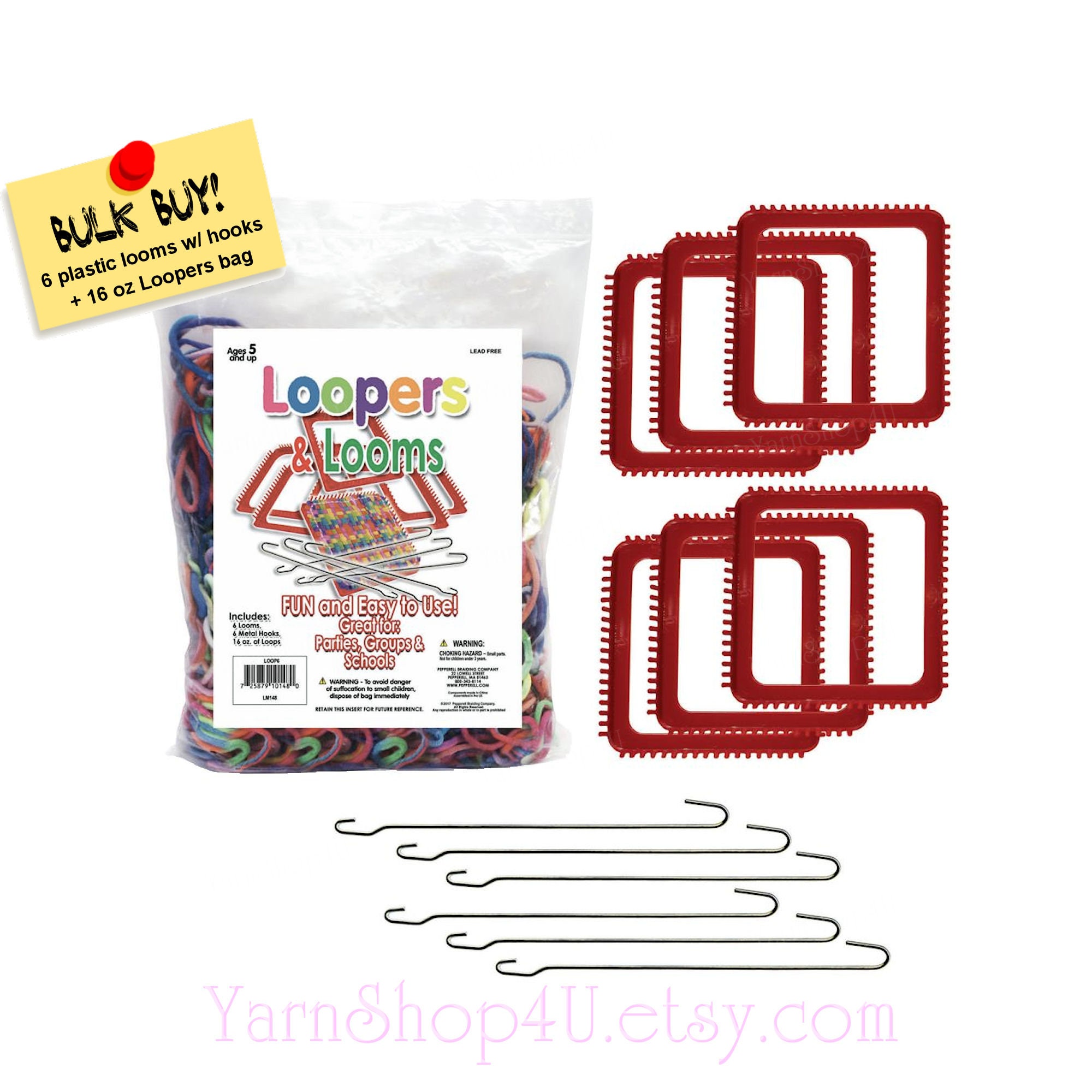 6 LOOM KIT. Includes 6 Plastic Looms, 6 Metal Hooks, and 16 oz of Loops ...