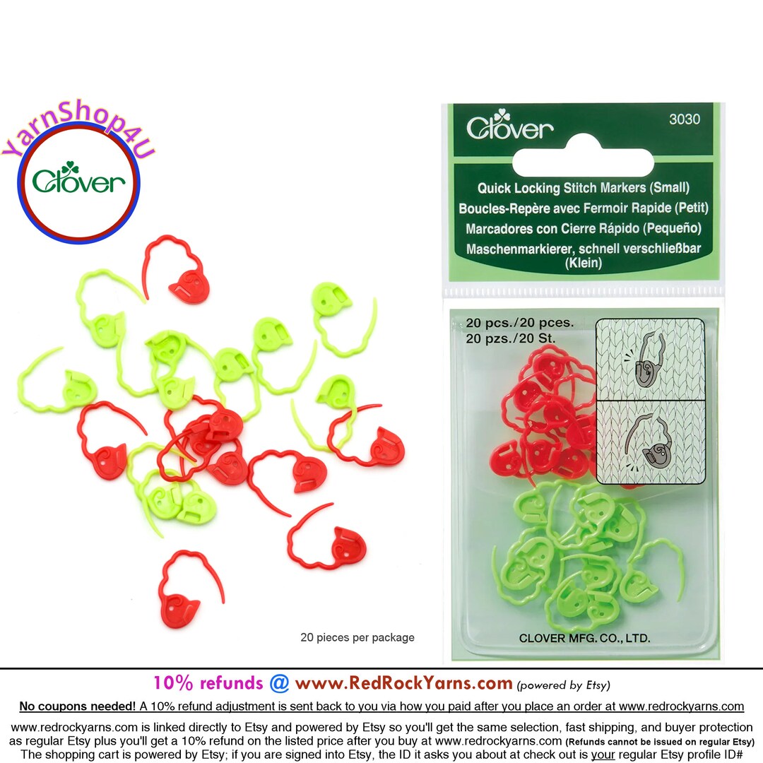 20 Small Clover Quick Locking Stitch Markers in a Reusable Vinyl Storage Pouch. 10 Red and 10 ...