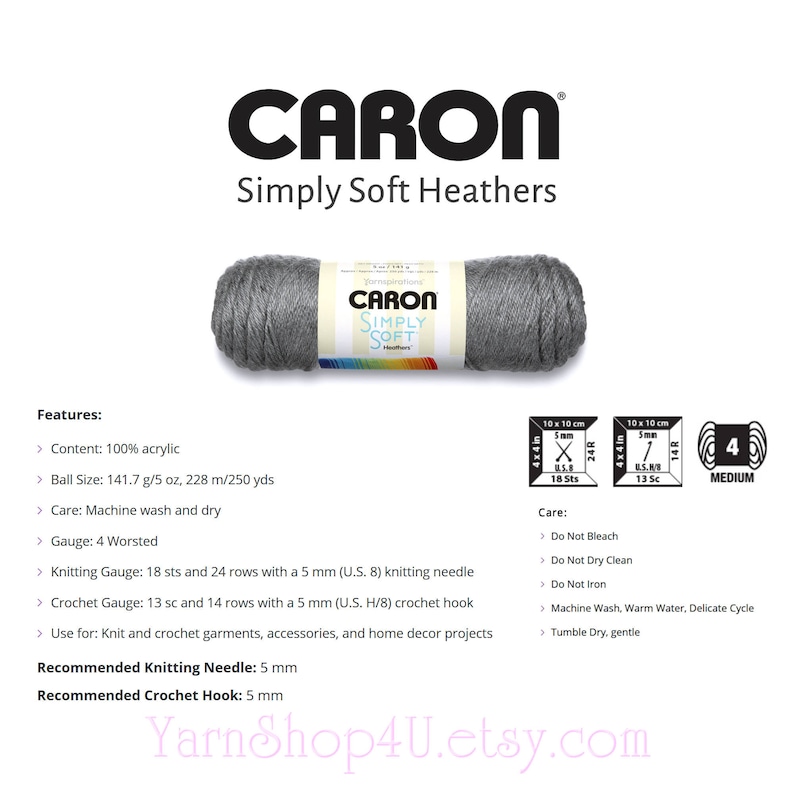 GRAY HEATHER (HEATHER) - Caron Simply Soft Heathers 5oz / 250yds (141g ...