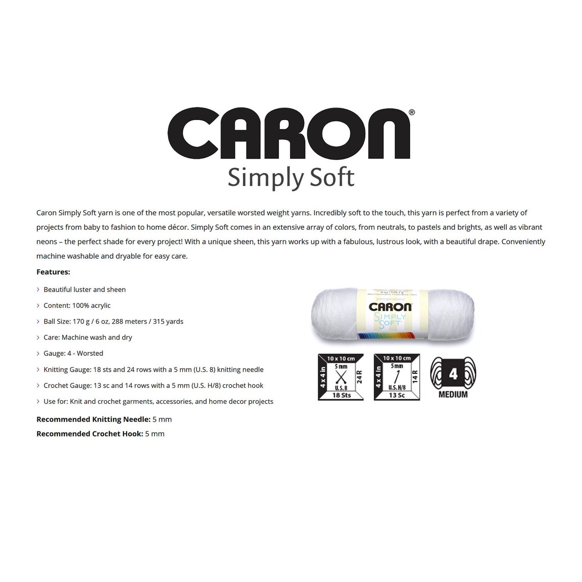 WHITE - Caron Simply Soft 6oz / 315yds (170g / 288m) 100% Acrylic Yarn ...
