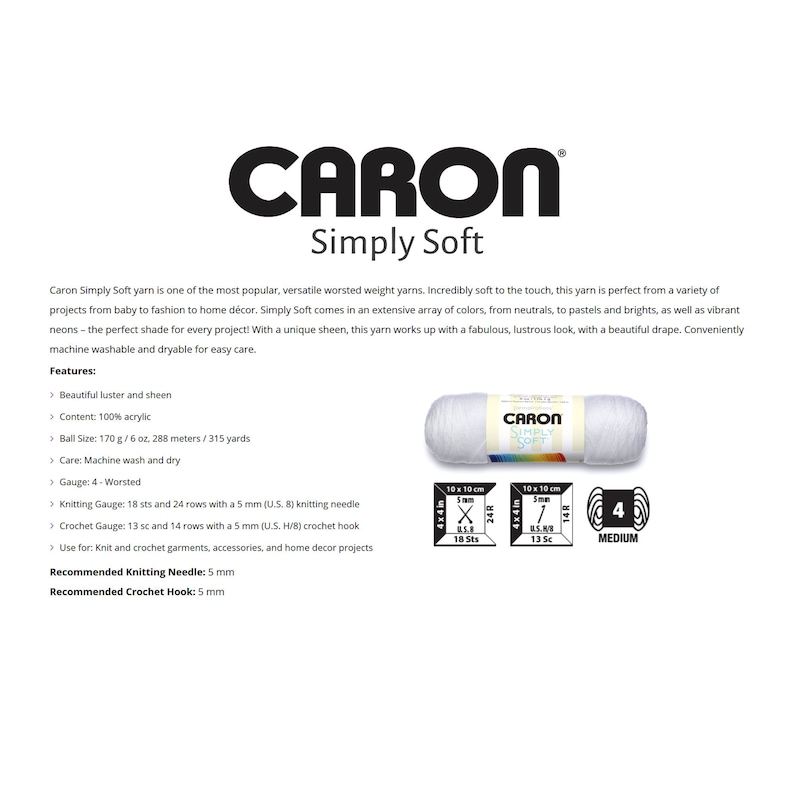 WHITE Caron Simply Soft 6oz / 315yds 170g / 288m No Dye - Etsy