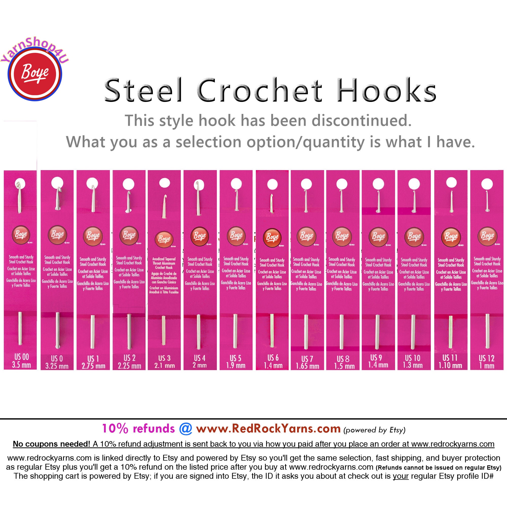 BOYE STEEL Crochet Thread Hook Size 00, 0, Size 1, Size 2, Size 3, Size ...