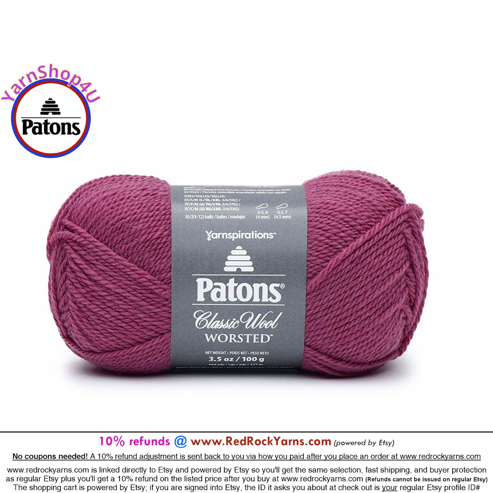 RICH RASPBERRY Patons Classic Wool Worsted Yarn Medium Weight 4. 100% ...