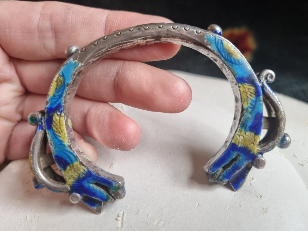 Antique Hill Tribe High Grade Silver Enameled Bracelet Dragon-dog Panhu ...
