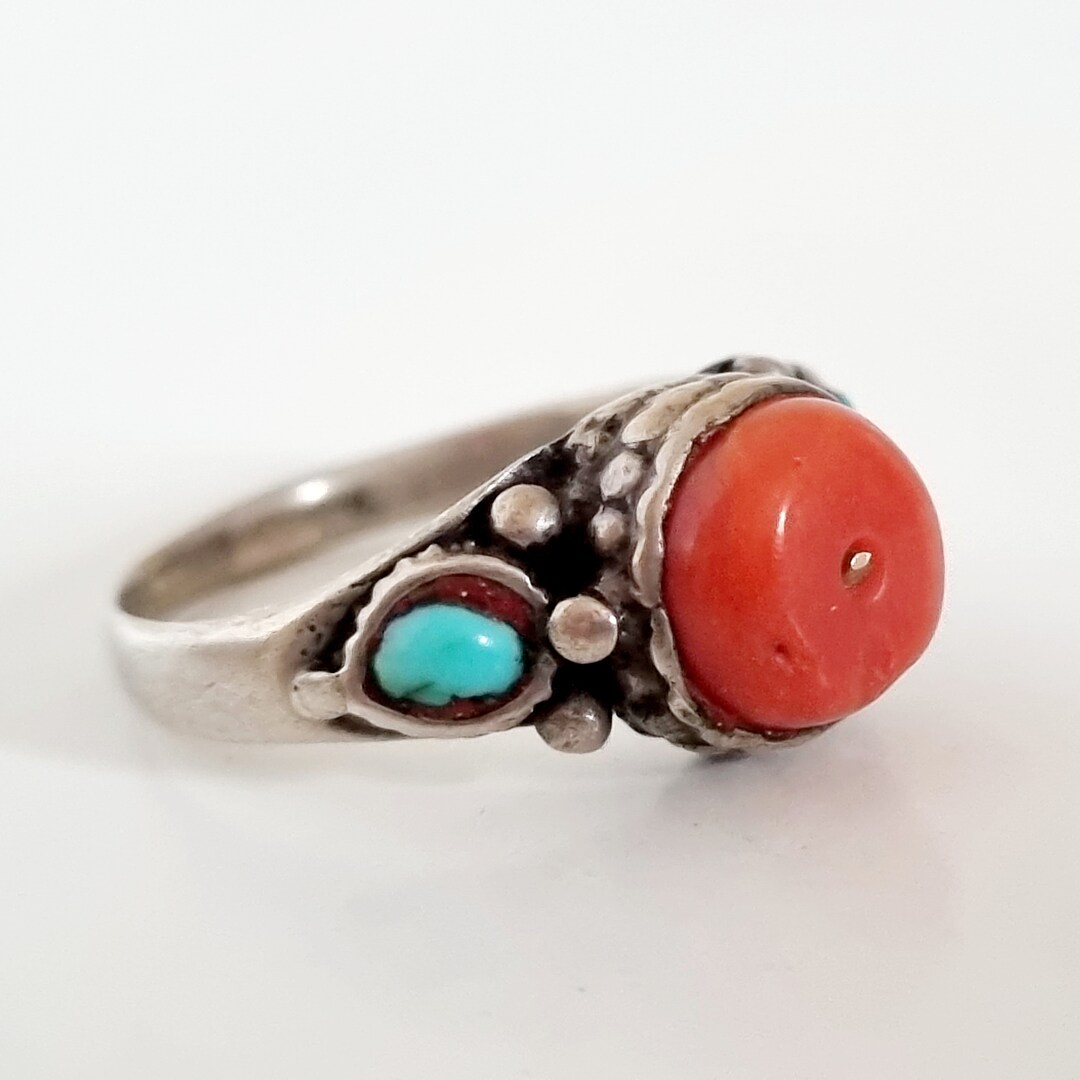 Tibetan High Grade Silver Ring With Coral and Turquoises, Tibetan Ring ...