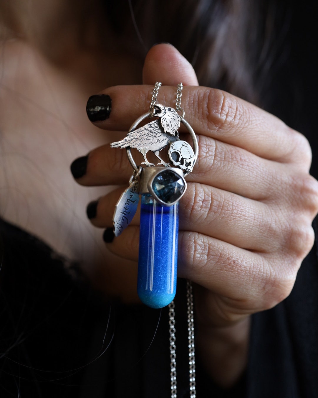 Nightmares Raven & Skull Sterling Silver Potion Vial With Moss Kyanite ...