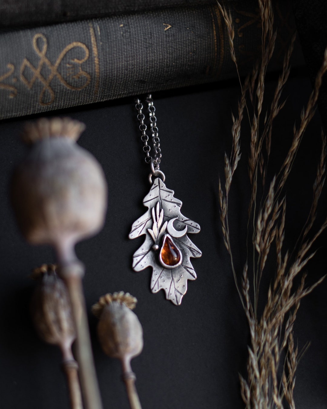 MADE TO ORDER Druid Oak With Rosemary Leaf & Crescent Moon Sterling ...