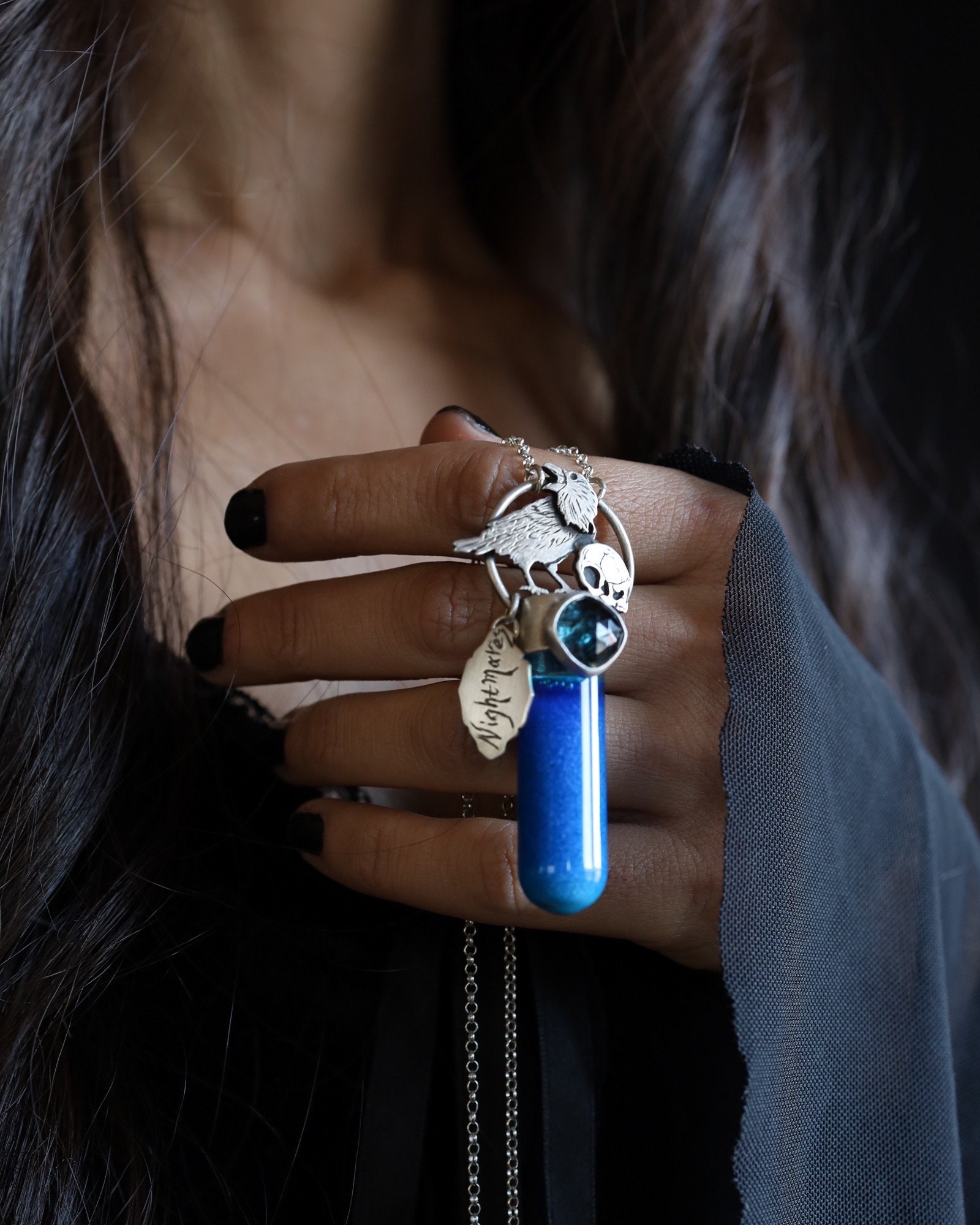 Nightmares Raven & Skull Sterling Silver Potion Vial With Moss Kyanite ...