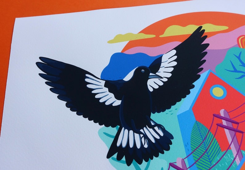 Magpie Swoop Art Print Australian Artist Art Print Poster - Etsy Australia