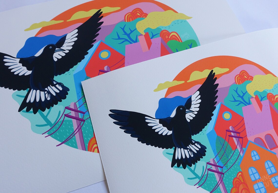 Magpie Swoop Art Print Australian Artist Art Print Poster - Etsy