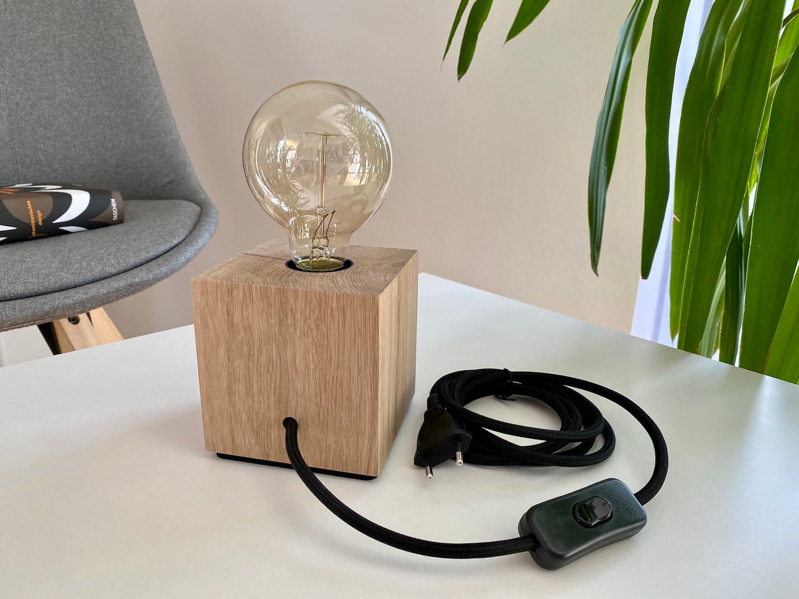 EDISON Table Lamp Solid Oak Wood E27 / Opt. Dimmer / Industrial Retro ...