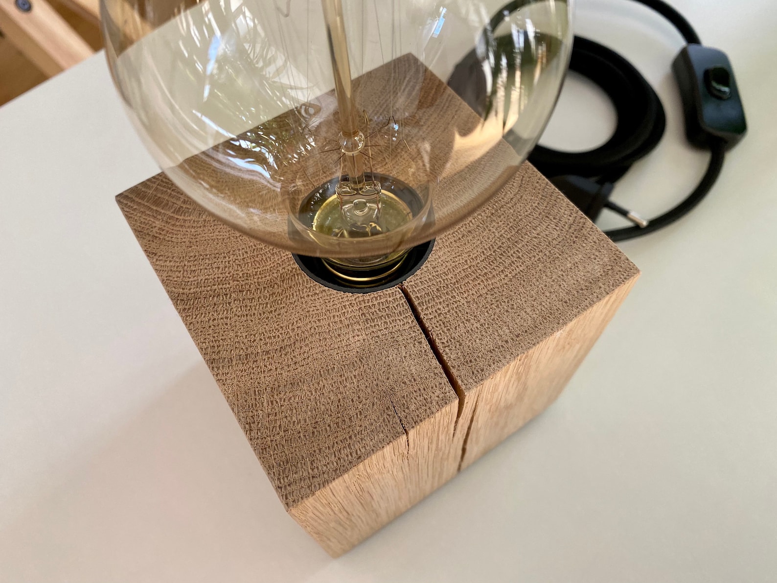 EDISON Table Lamp Solid Oak Wood E27 / Opt. Dimmer / Industrial Retro ...