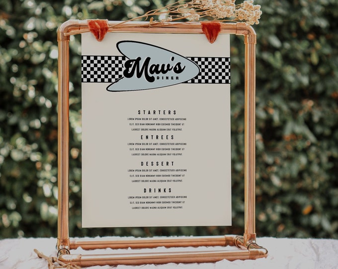 Personalized DINER 50's Food Menu Party PRINTABLE Rock'n'roll Sign Pop ...