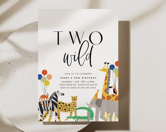 Editable Two Wild 2nd Birthday Party Invitation, Jungle Safari Animals ...