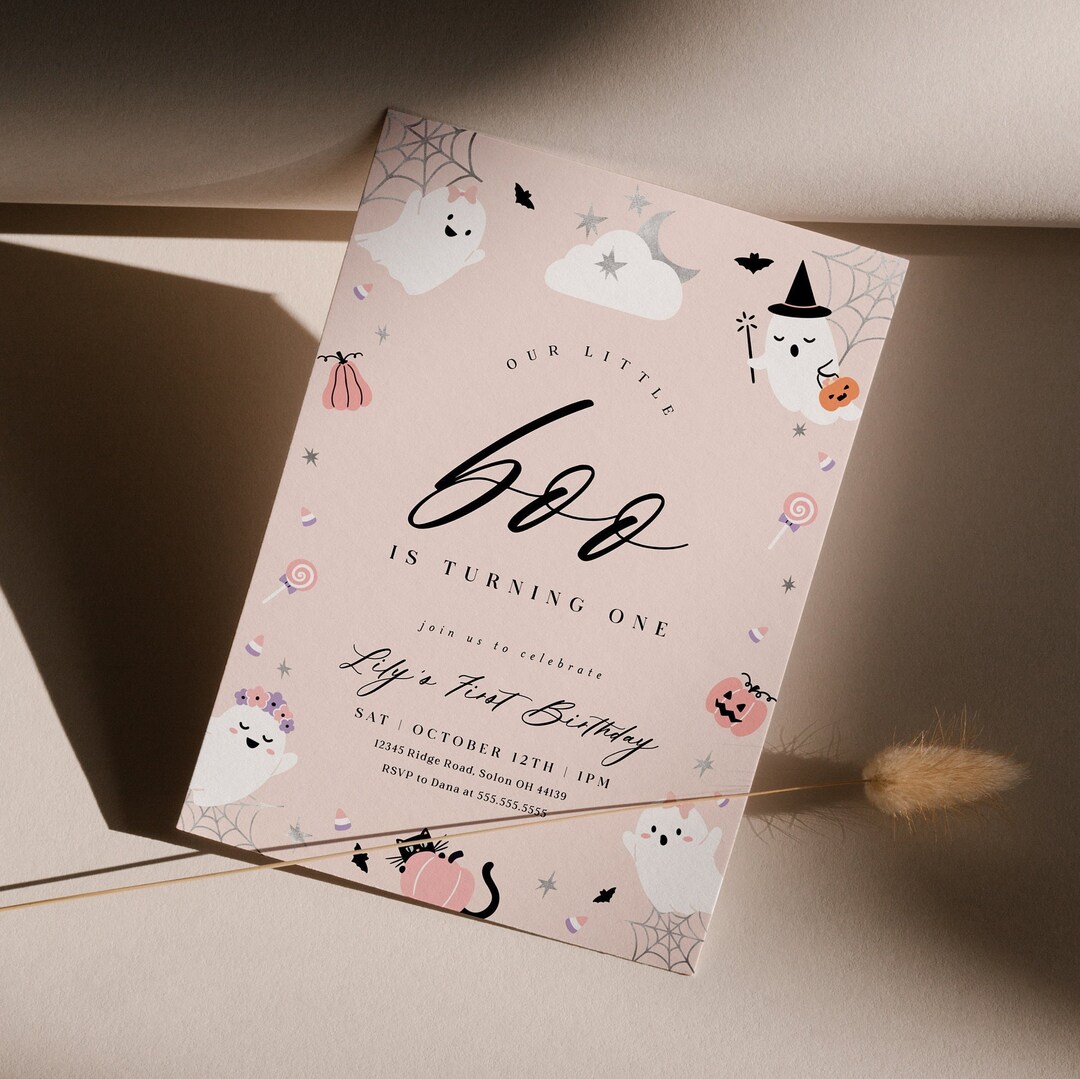 Little Boo 1st Birthday Invitation: Pink Halloween Ghost Party (corjl ...