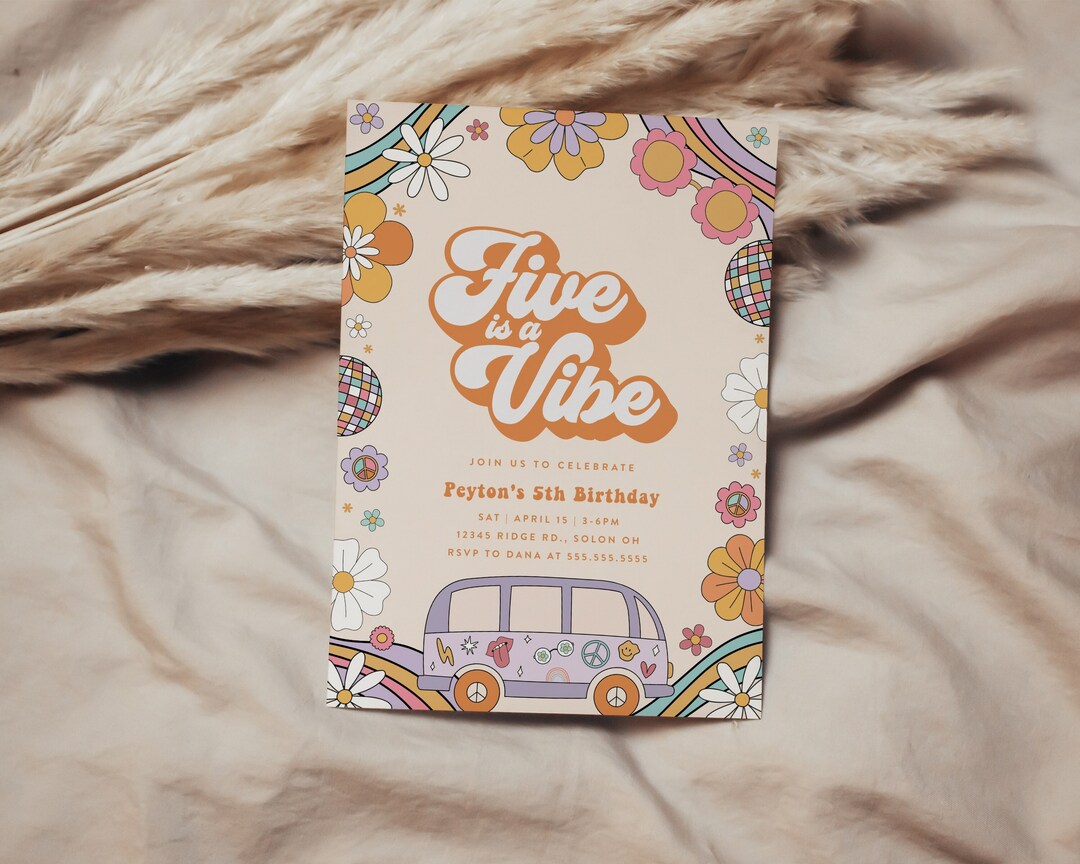 Five is a Vibe Birthday Invitation Retro 5th Birthday Party Hippie 70s ...