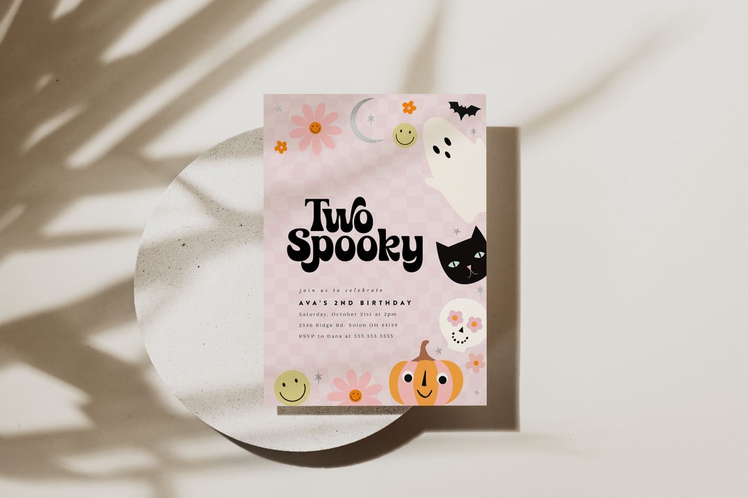 Two Spooky Invitation Template, Girl 2nd Birthday, Halloween Retro ...