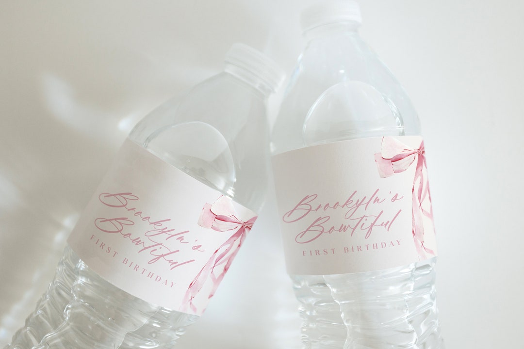 Editable Pink Bow Water Label Template, Pink Watercolor Bow Bottle ...