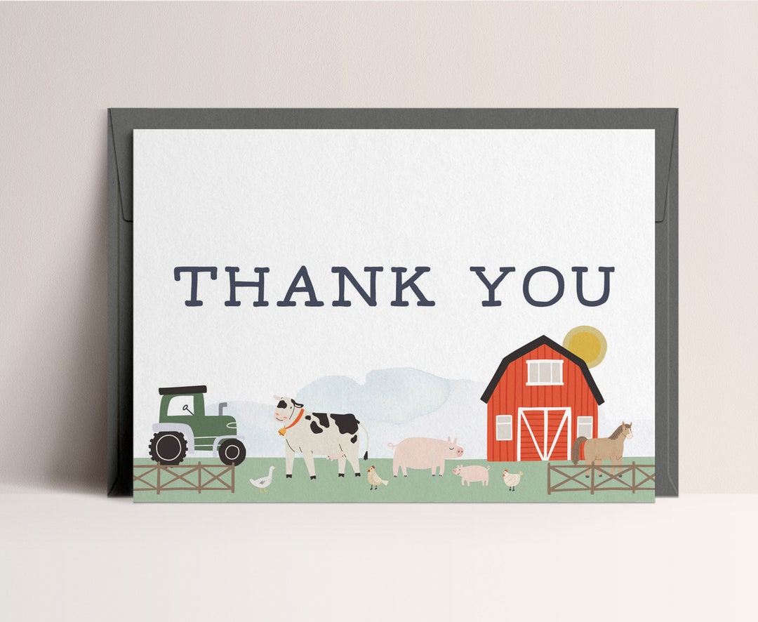Farm Birthday Thank You Card Template: Tractor & Animals (INSTANT ...