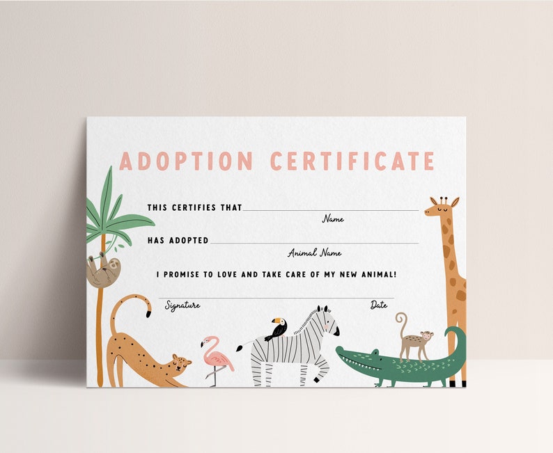 Animal Adoption Certificate Safari Jungle Animals Wild One - Etsy