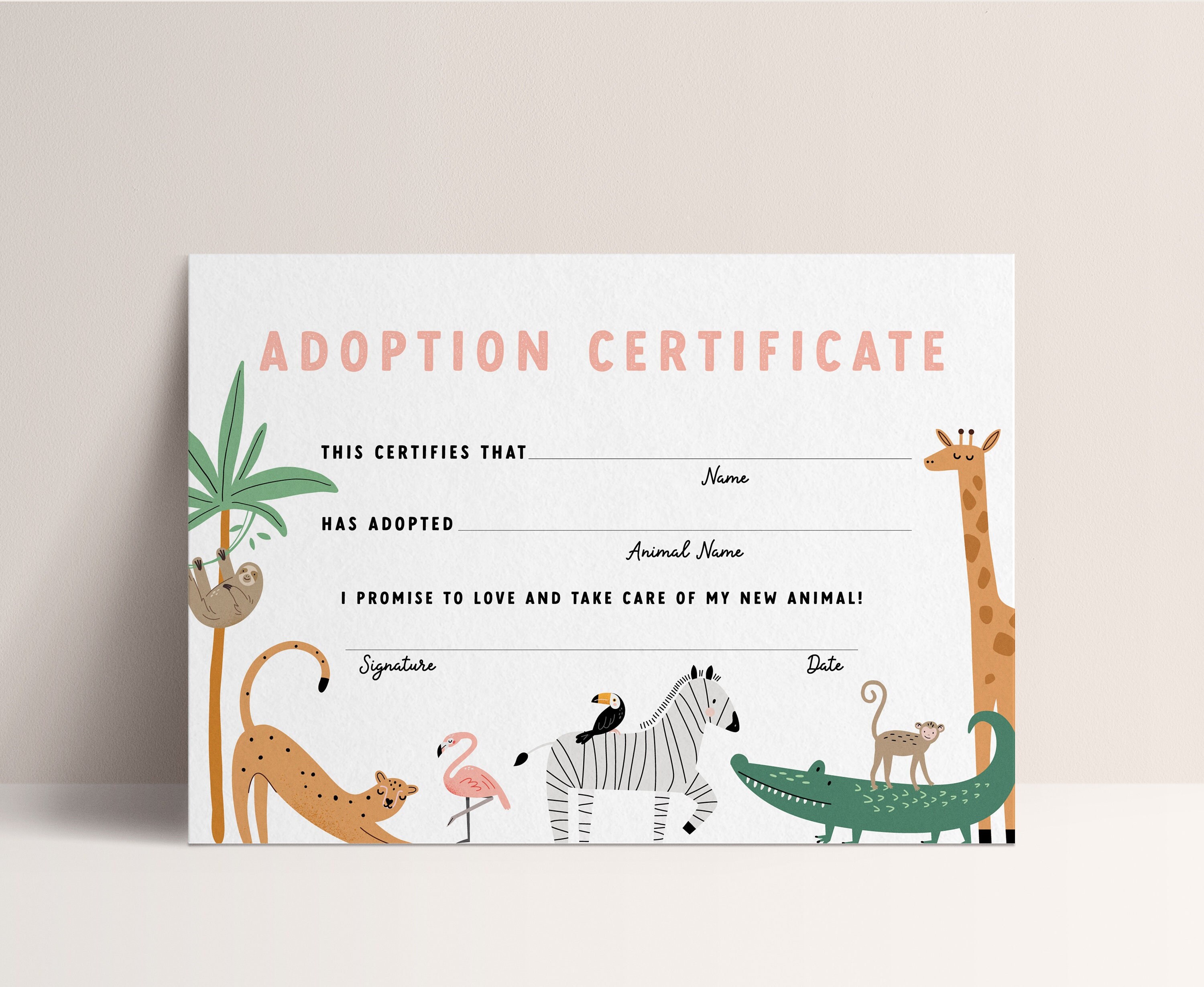 Animal Adoption Certificate Safari Jungle Animals Wild One - Etsy