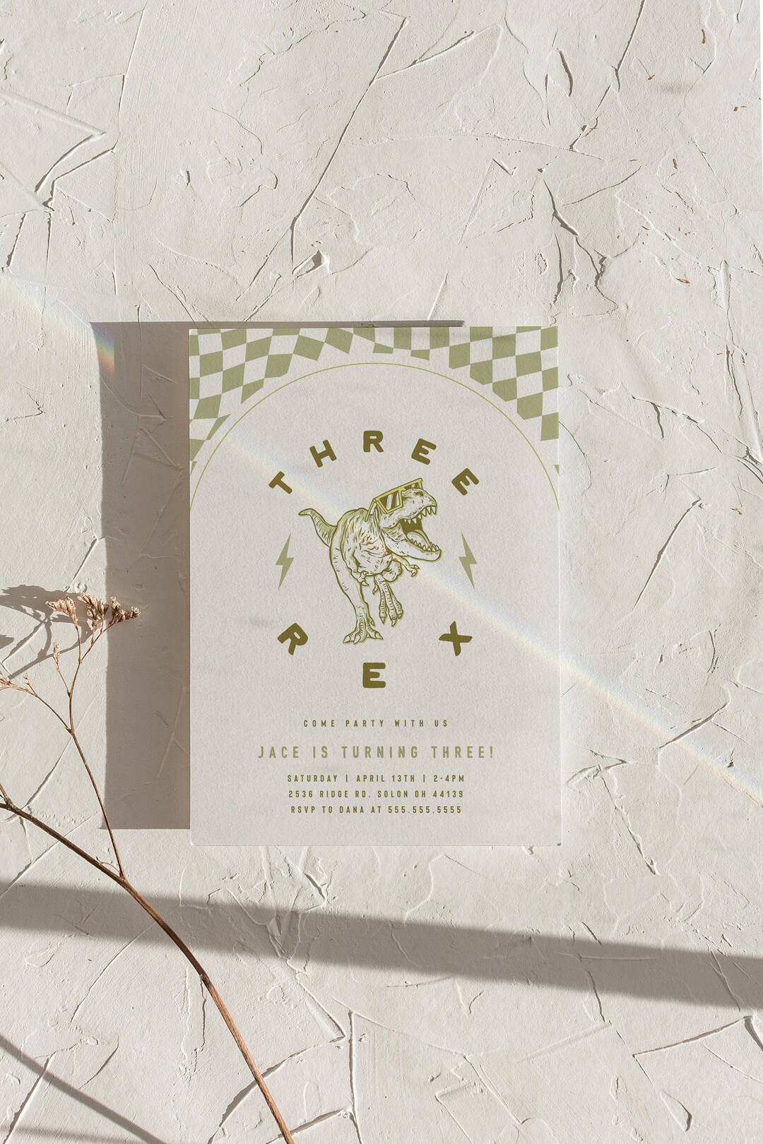 Three Rex Dinosaur Birthday Invitation: Retro Checkered Design (digital ...
