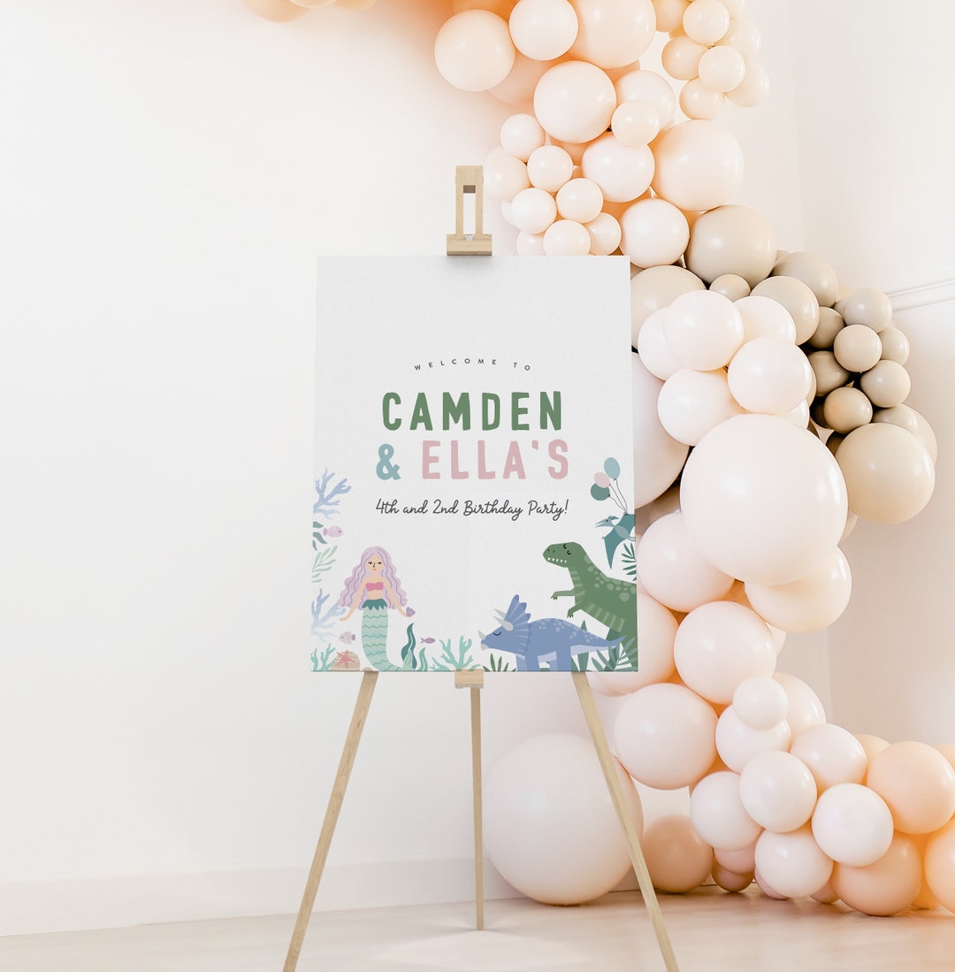 Dinosaurs and Mermaid Birthday Welcome Sign Dinos and Mermaids Sibling ...
