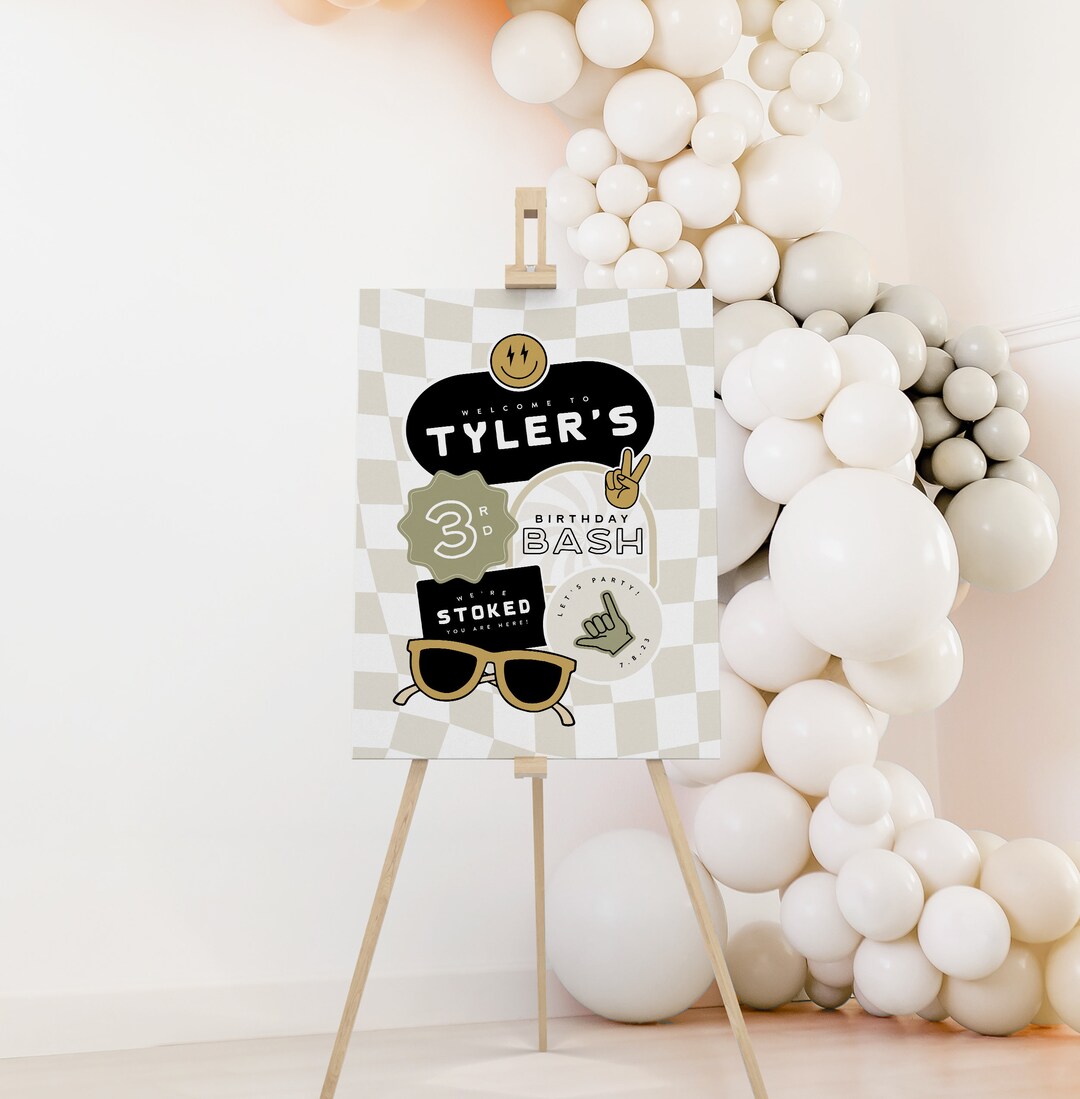 Checkered Smiley Face Welcome Sign Template Rad Birthday Stickers Retro ...