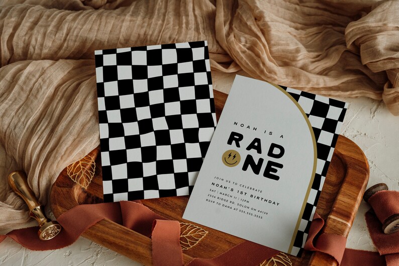 Rad One Birthday Invitation Template: Checkered Retro Smiley (digital ...