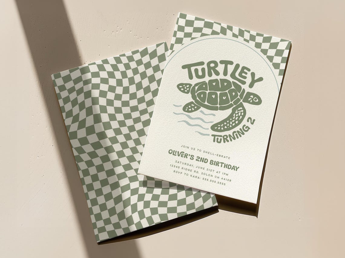 Turtle 2nd Birthday Invitation: Retro Pool Party (editable Template) - Etsy