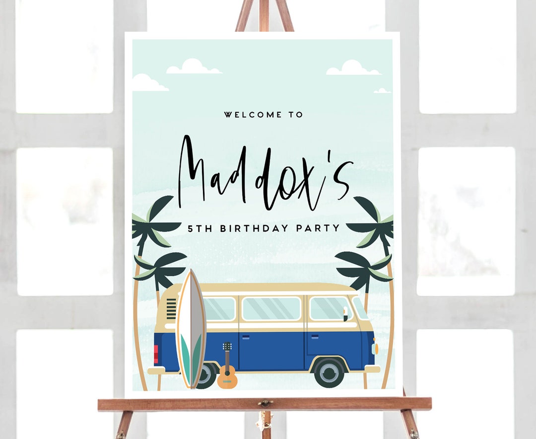 Modern Surf Birthday Welcome Sign, Surfing Birthday, Surf's Up, Blue ...