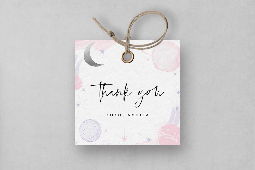 Editable Space Birthday Favor Tags, Minimalistic Space, Galaxy Sun Moon ...