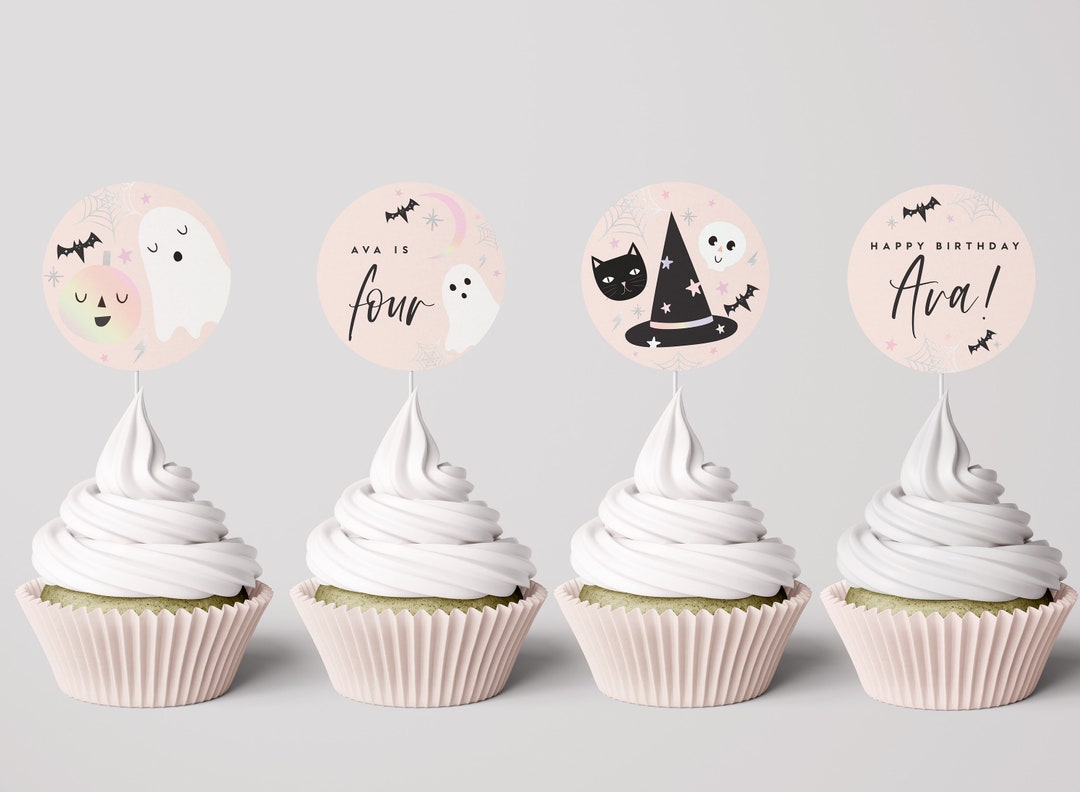 Halloween Cupcake Toppers, Girl Birthday, Pink Ghost, Witch, Pumpkins ...