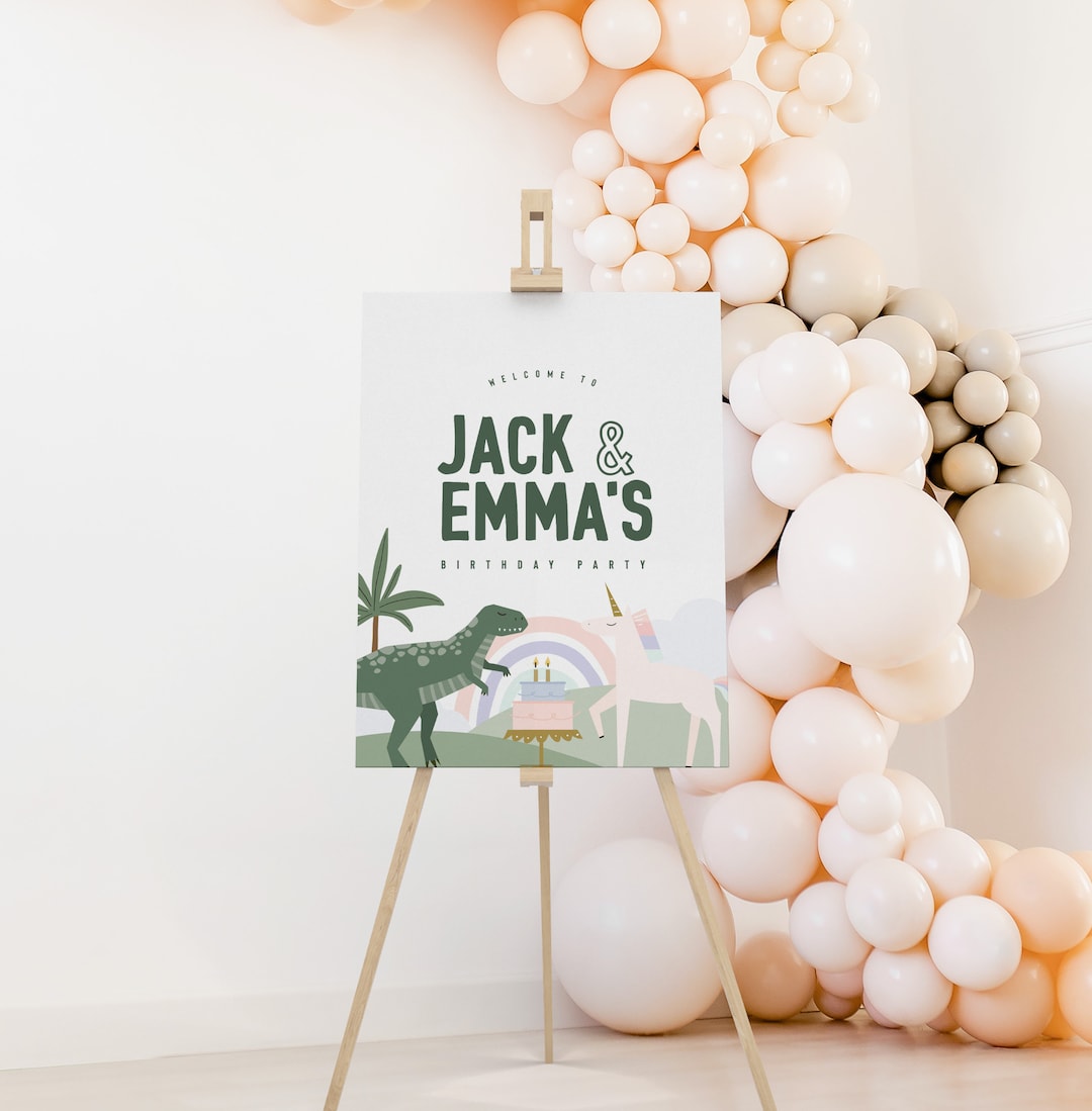 Unicorn and Dinosaur Birthday Welcome Sign, Dinosaurs, Unicorns ...