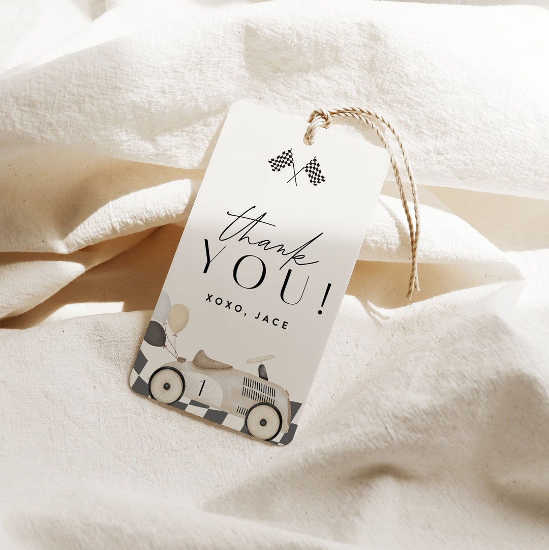 Vintage Cream Race Car Favor Tag, Fast One, Two Fast, Any Age, Editable ...
