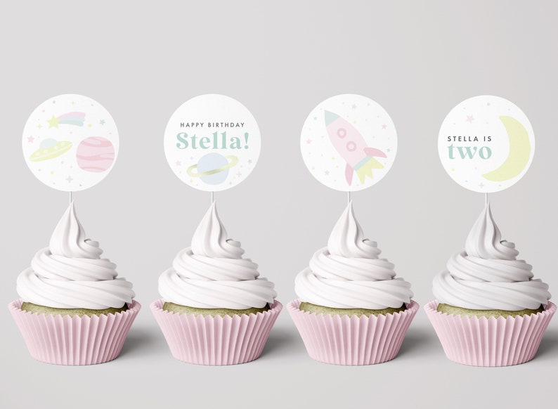Two the Moon Toppers Girl Space Birthday Cupcake Toppers - Etsy