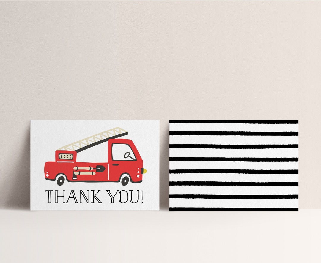 Firetruck Thank You Card, Editable Fire Truck Card, Modern Fire Truck ...