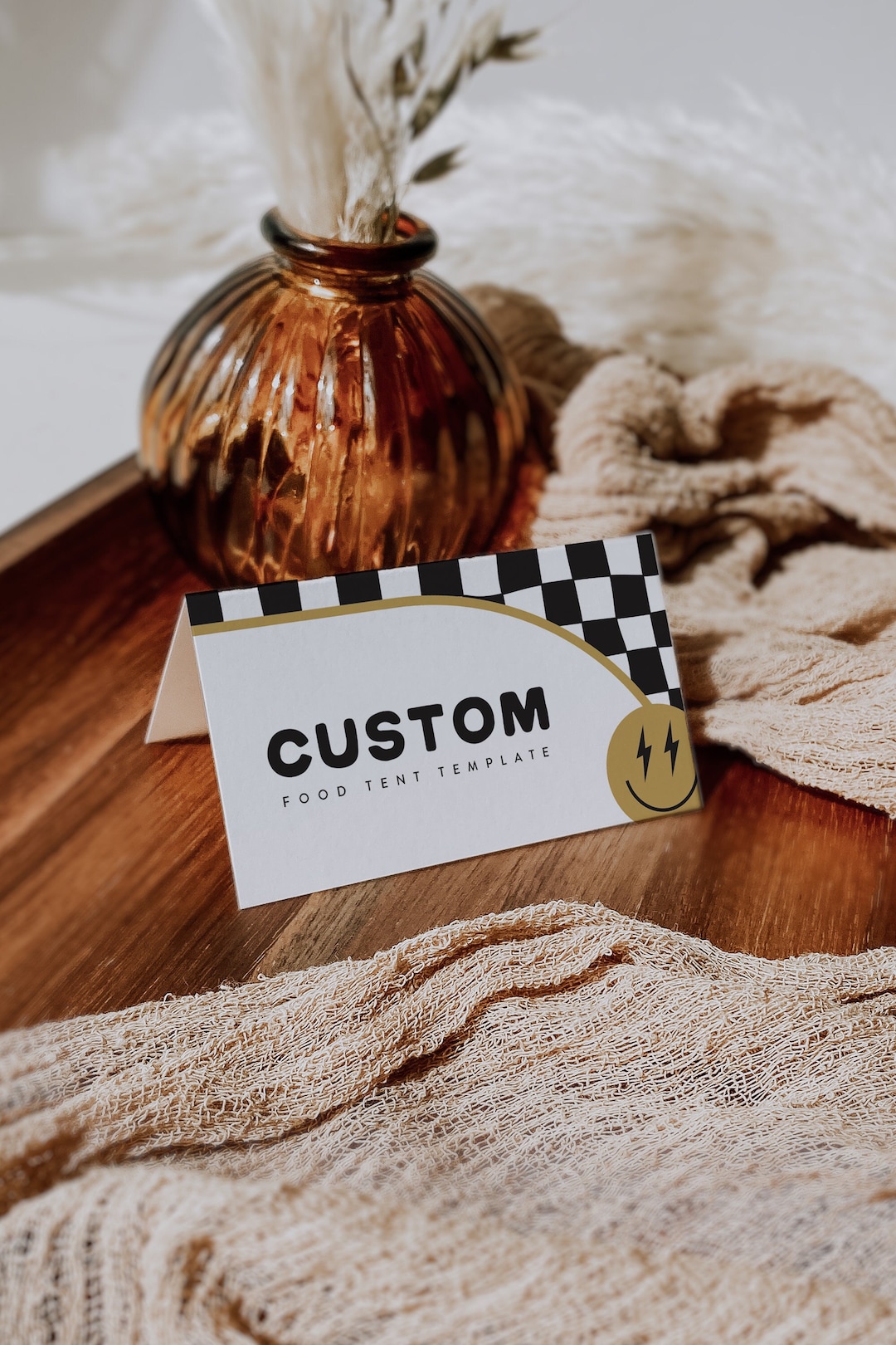 Smiley Face Checkered Food Tent Template Modern Retro Food Cards ...