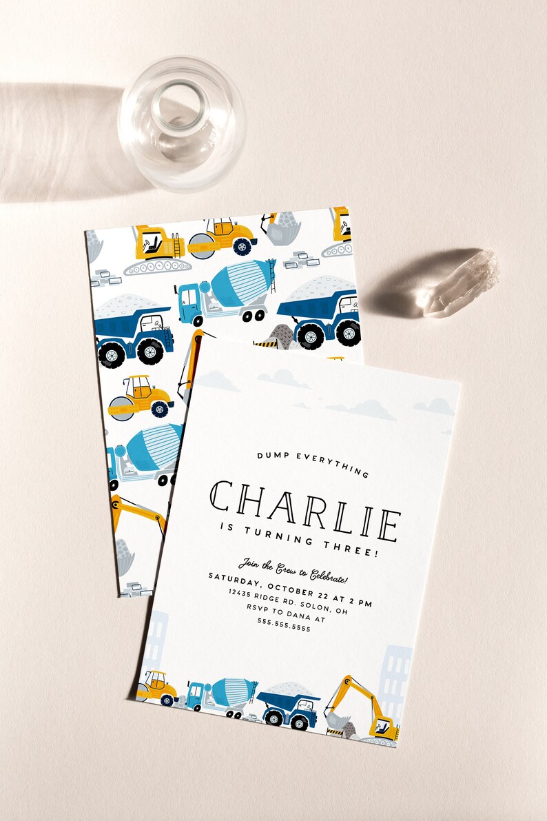 Construction Trucks Birthday Invitation: Editable Template (digital ...