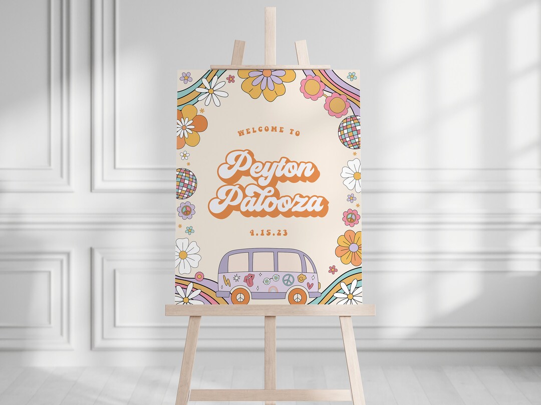Groovy Retro Birthday Welcome Sign: 70s Hippie Party (digital Template ...