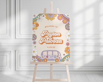 EDITABLE Two Groovy Party Welcome to Sign Birthday Decor Retro Flower ...