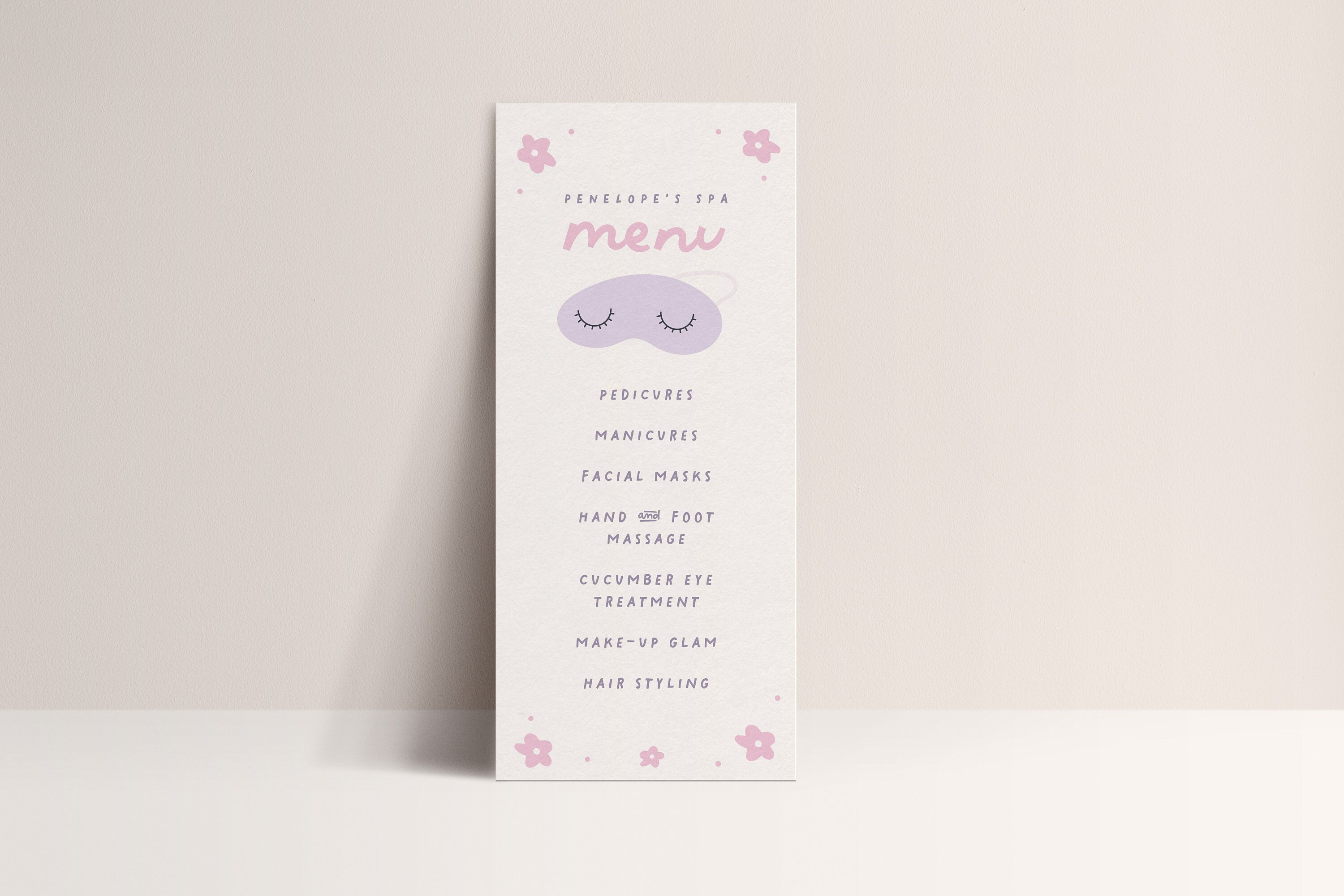 Spa Birthday Party Menu Template: Sleepover Pamper, Slumber Glam ...