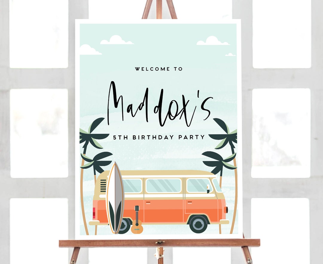 Modern Surf Birthday Welcome Sign, Surfing Birthday, Surf's Up, Orange ...