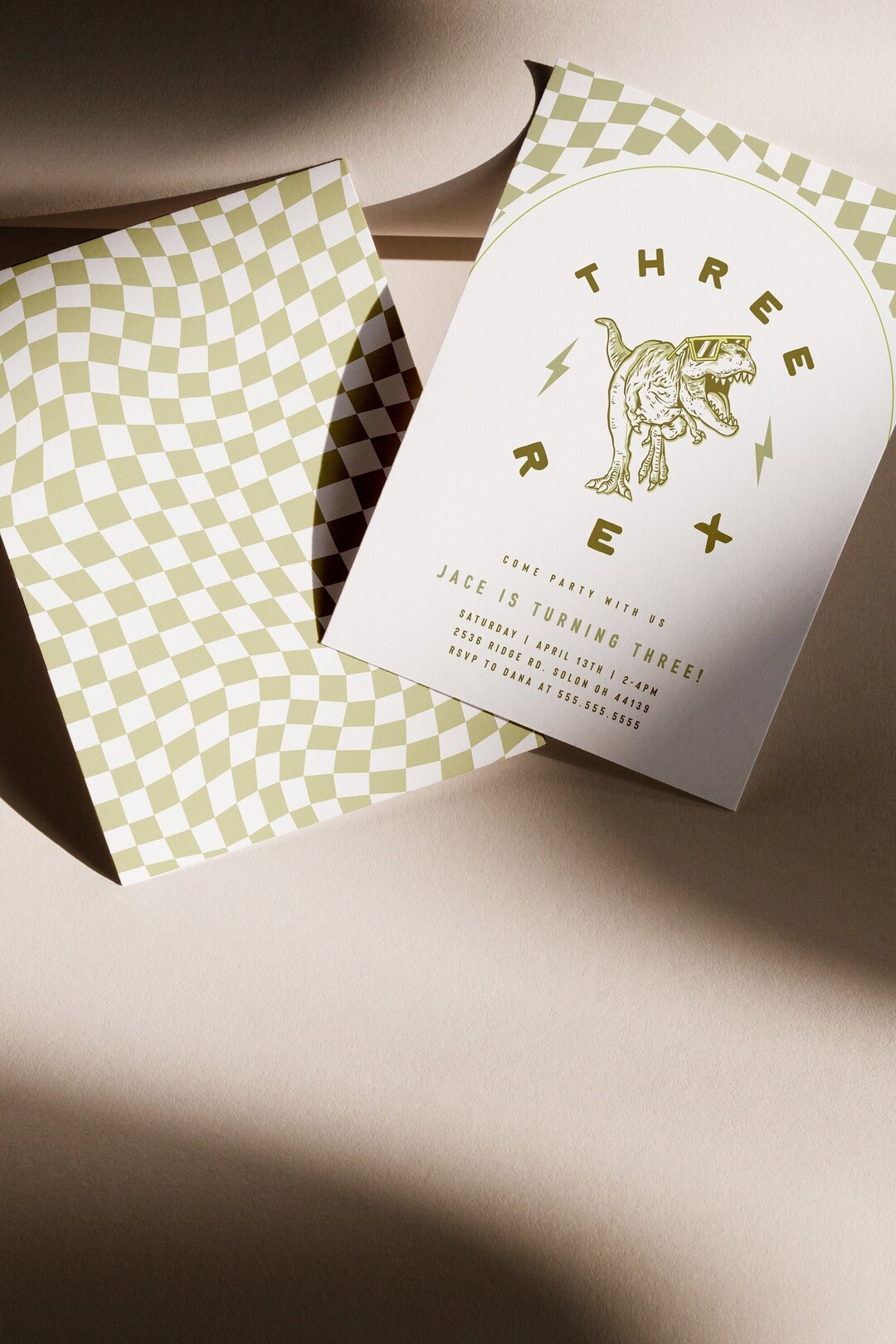 Three Rex Dinosaur Birthday Invitation Retro T Rex Checkered Invitation ...