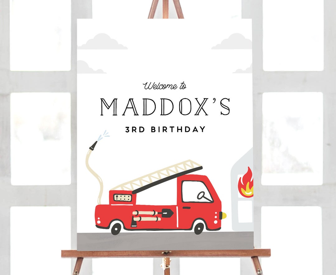 Fire Truck Birthday Welcome Sign: Modern Fire Engine Poster (instant ...