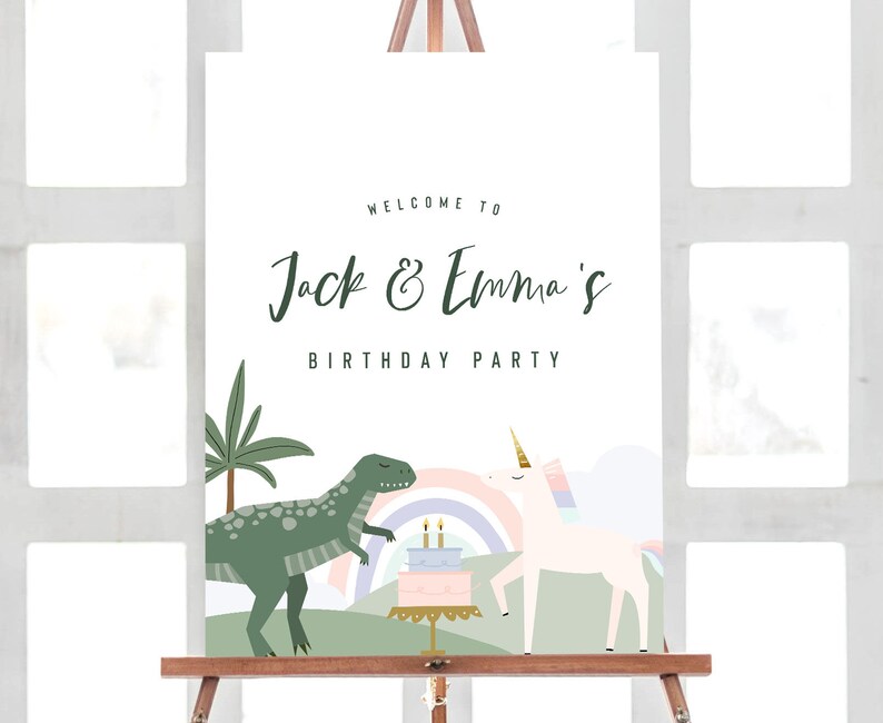 Unicorn and Dinosaur Birthday Welcome Sign Dinosaurs | Etsy