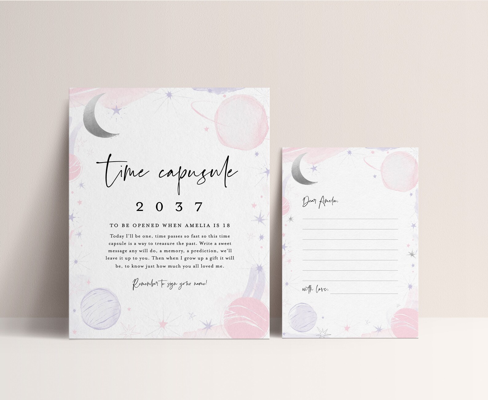 Editable Space Birthday Favor Tags, Minimalistic Space, Galaxy Sun Moon ...