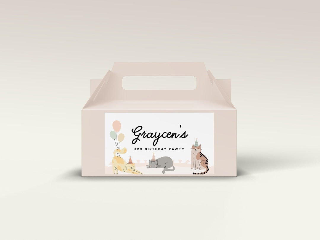 Editable Cat Gable Label, Kitty Cat Birthday Party Box Label, Girl ...