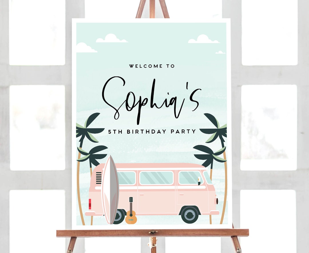 Editable Surf Birthday Welcome Sign, Editable Surfing Girl Birthday ...